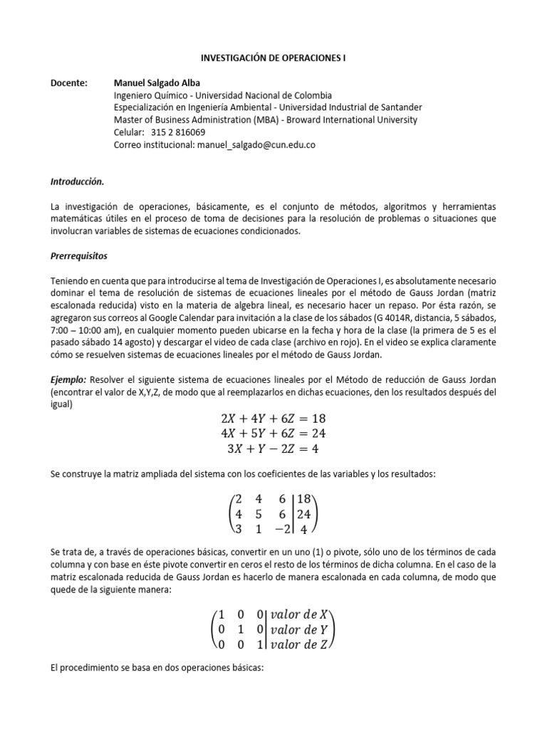 Clases Investigación de Operaciones I (2024 A) | PDF | Sistema de ecuaciones lineales | Objetos ...