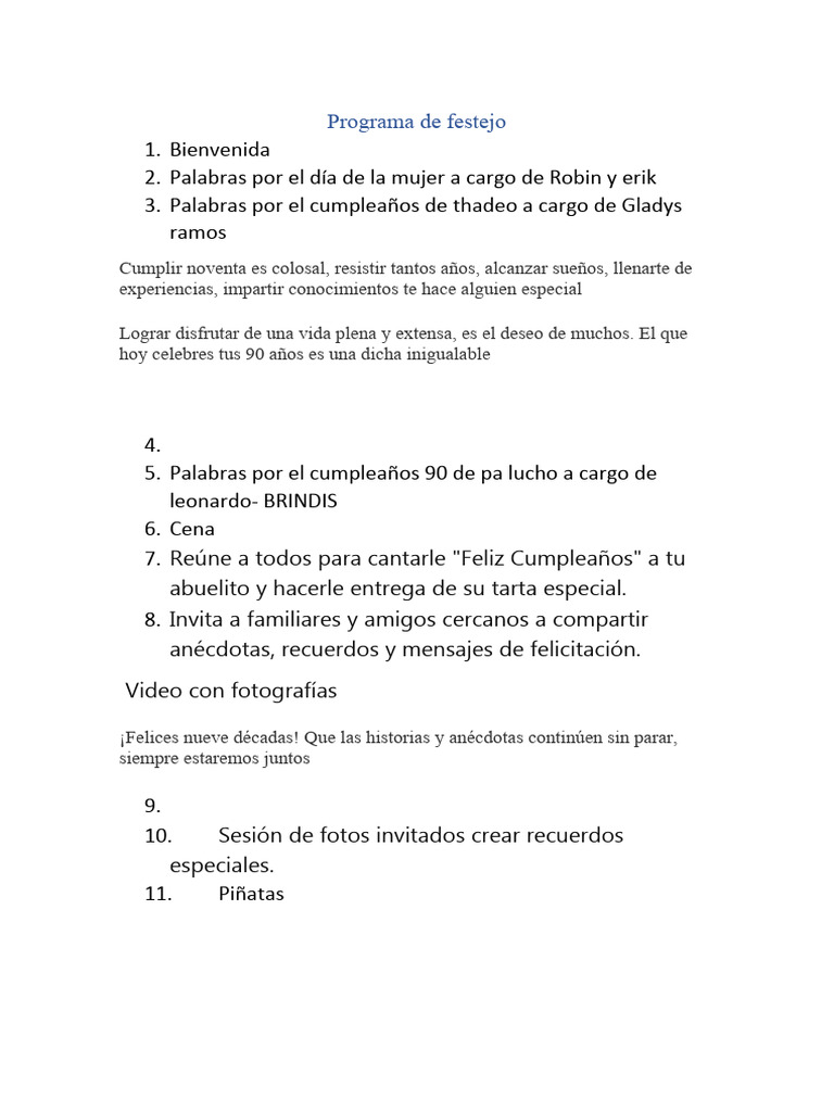 Programa de Festejo de Abuelito | PDF | Cocina, comidas y vino