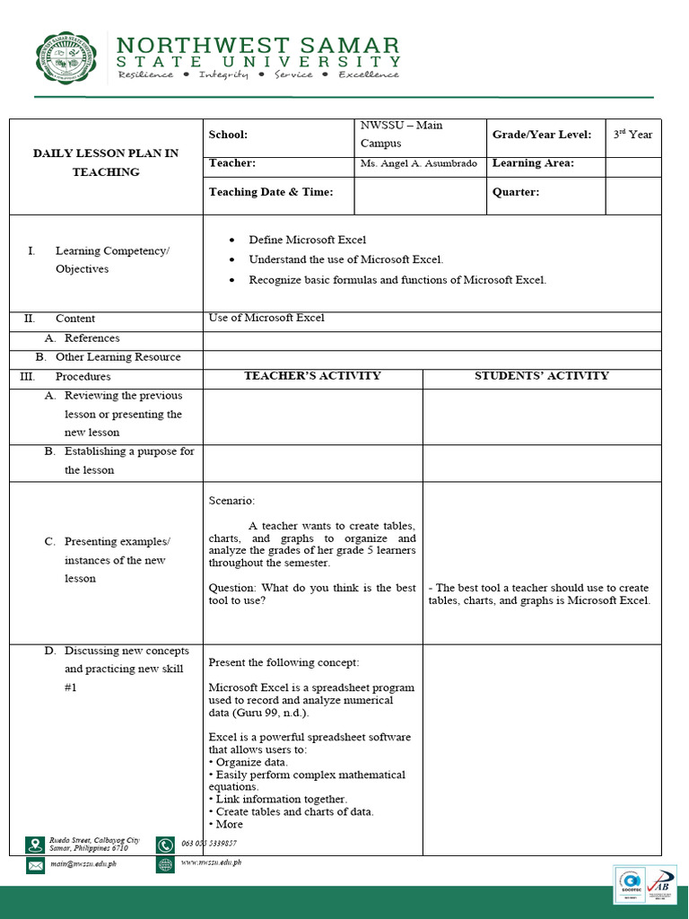 Microsoft Excel Lesson Plan for Teachers | PDF | Microsoft Excel ...