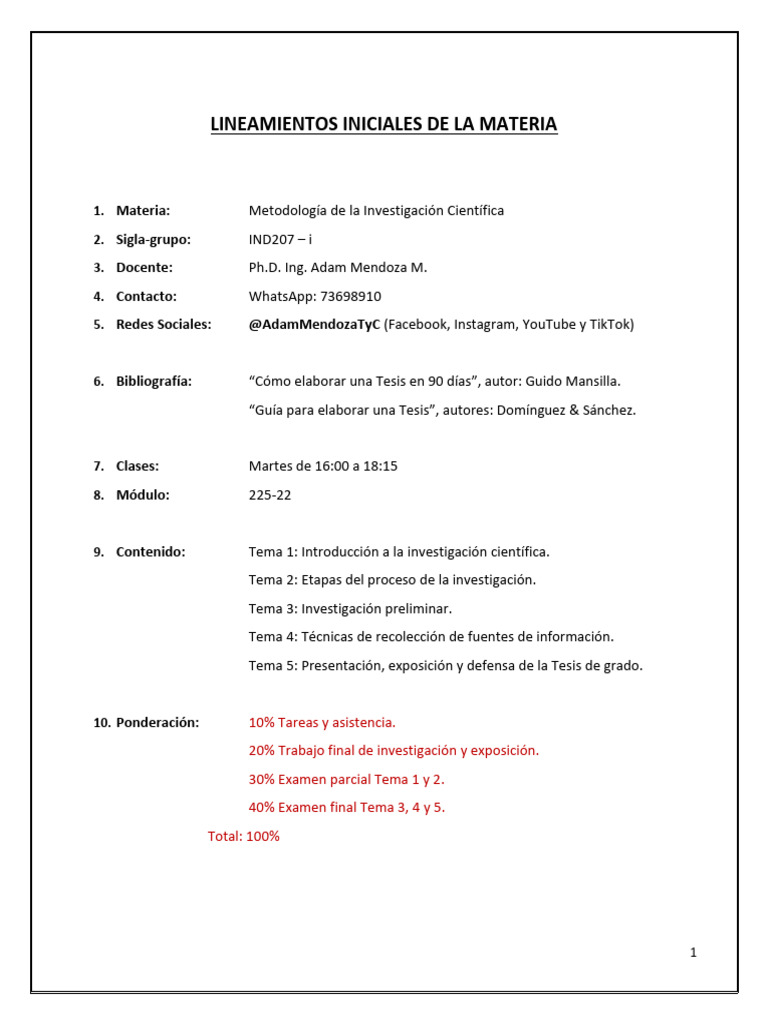 0 LINEAMIENTOS INICIALES DE LA MATERIA METODOLOGÍA DE LA INV. CIENTÍFICA | PDF