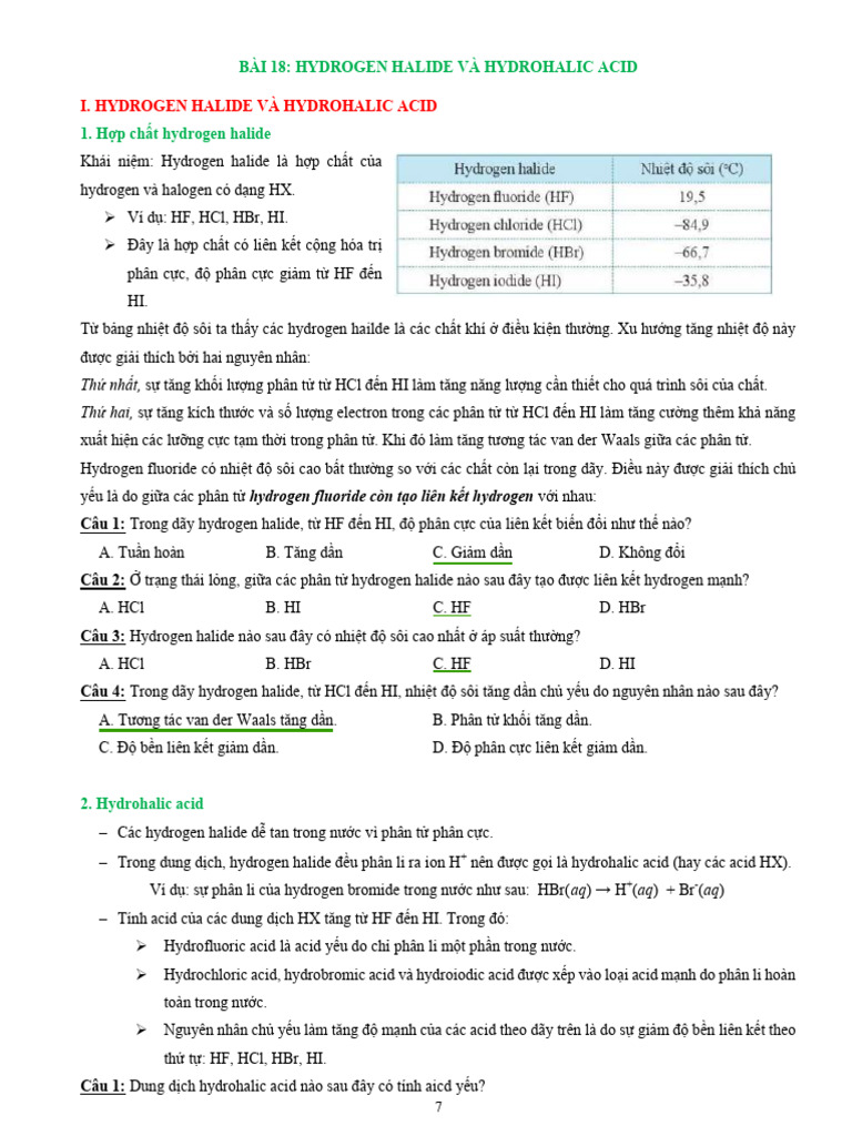 Bài 18 Hydrogen Haline Và Hydrohalic Acid | PDF