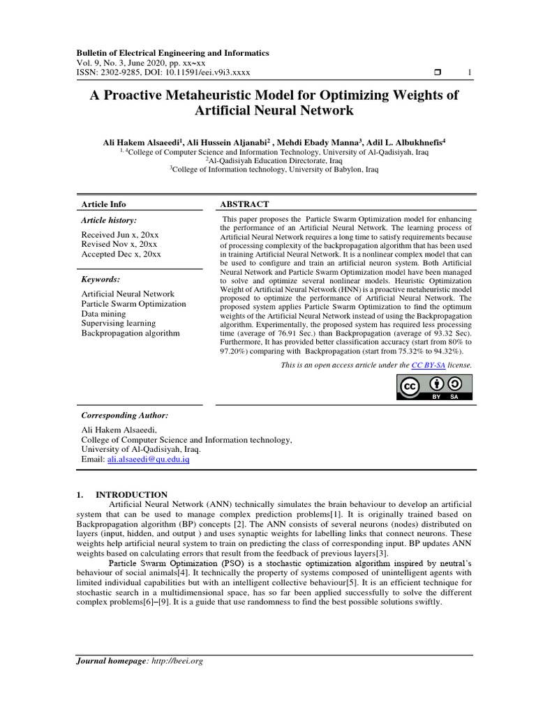A Proactive Metaheuristic Model For Optimizing Weights of Artificial Neural Network | PDF ...