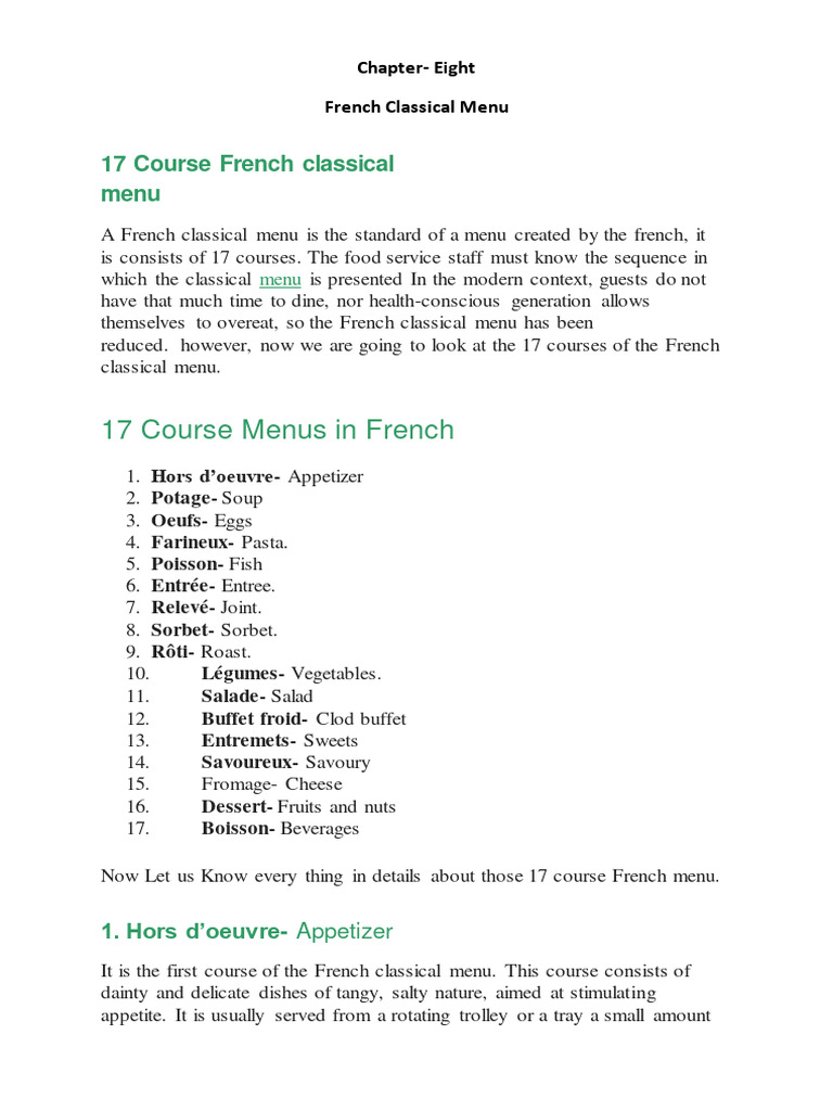 17-Course French Classical Menu Guide | PDF | Hors D'oeuvre | Entrée