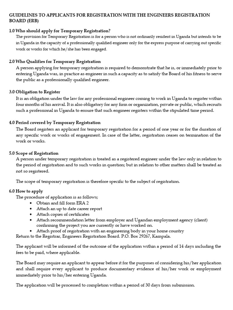 ERB Temporary Registration Guidelines | PDF | Engineer | Passport