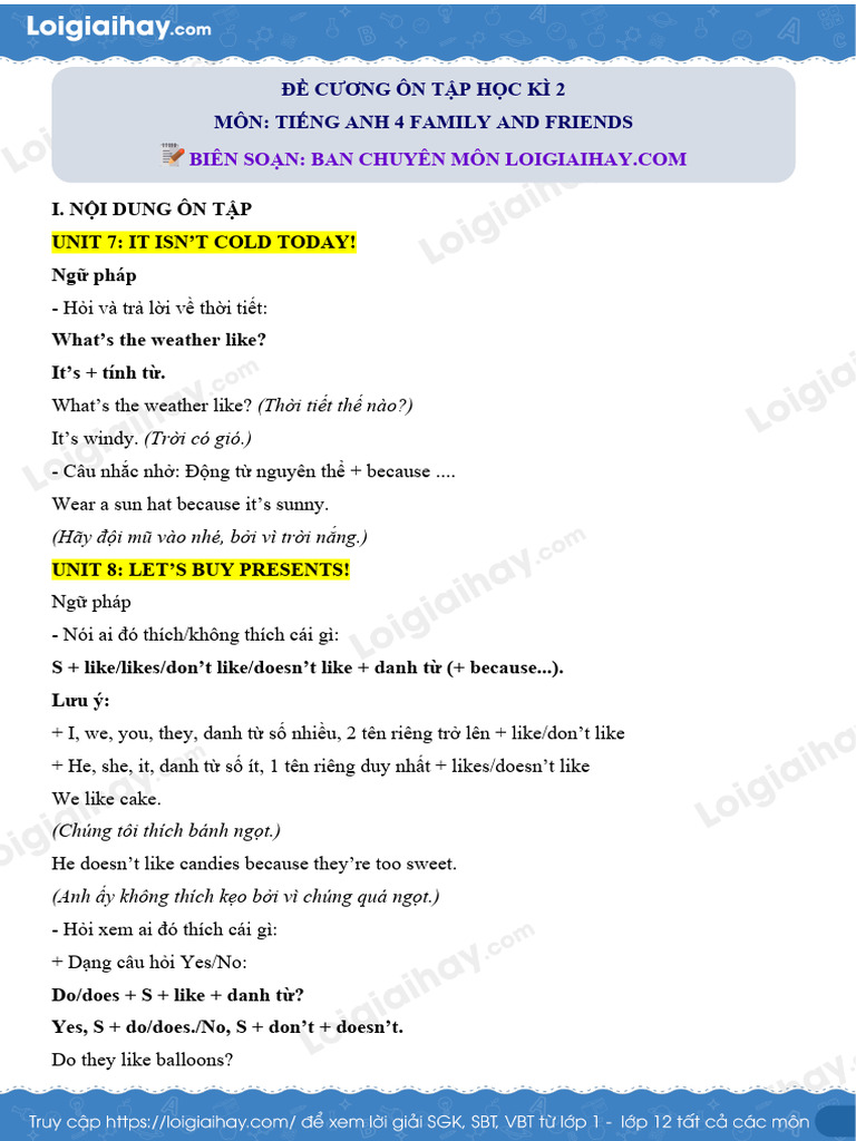 De Cuong On Tap Hk2 Tieng Anh 4 Family and Friends Chan Troi Sang Tao Co Dap An 1712913311 | PDF