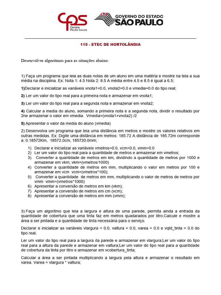 Exercícios de Algoritmos - 2024 1 | PDF | Sanduíche | Algoritmos