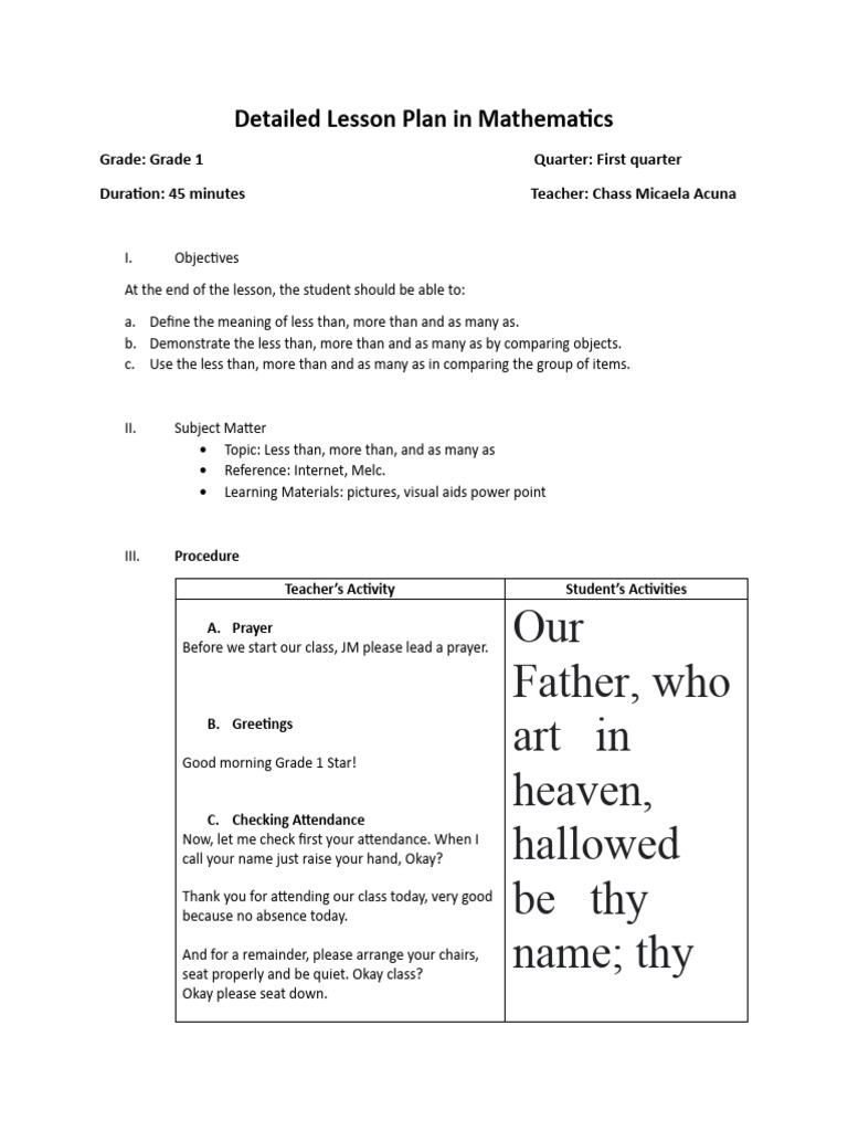 Lesson Plan BEED 7 | PDF | Lord's Prayer | Cognition
