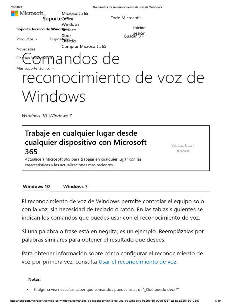Comandos de Reconocimiento de Voz de Windows | PDF | Microsoft | Windows 10