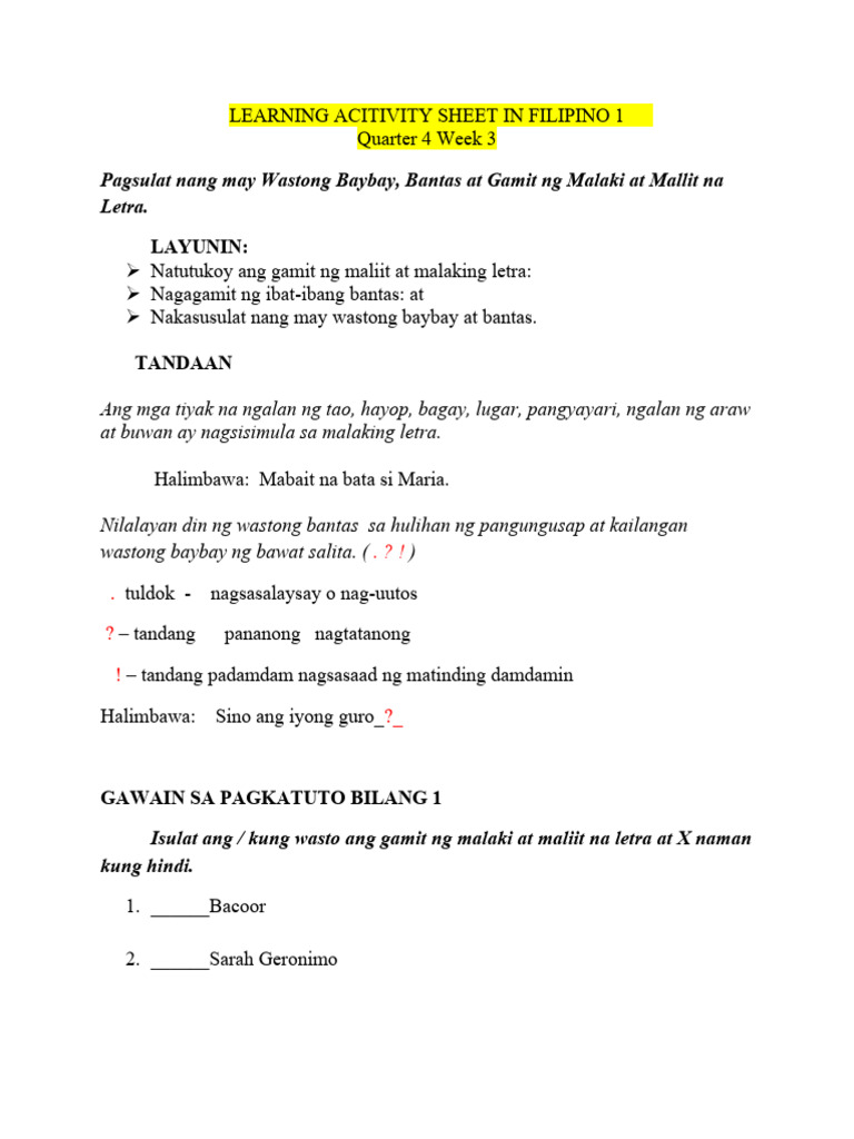 LEARNING-ACTIVITY-SHEET-FILIPINO-1-Q4-W3 | PDF