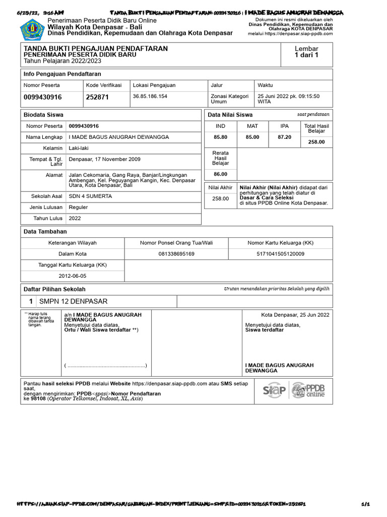 Tanda Bukti Pengajuan Pendaftaran - 0099430916 - I MADE BAGUS ANUGRAH DEWANGGA | PDF