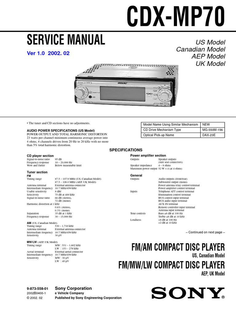 Sony Cdx-mp70 Ver-1.0 SM | PDF | Compact Disc | Power Supply