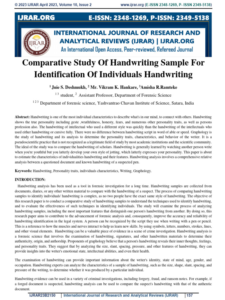 Comparative Study of Handwriting Sample For Identification of ...