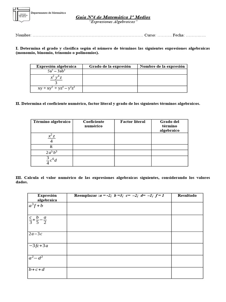 Guia de Expresiones Algebraicas 4 | PDF | Ciencia computacional | Matemáticas