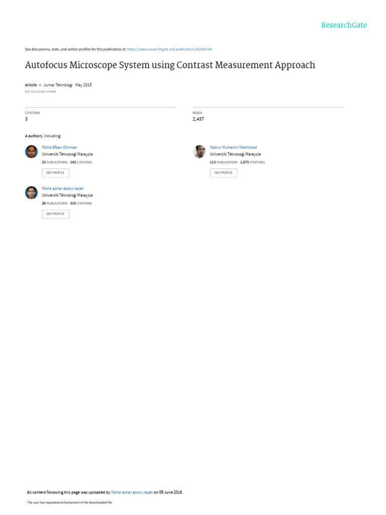 Autofocus Microscope Systemusing Contrast Measurement Approach | PDF | Autofocus | Optics