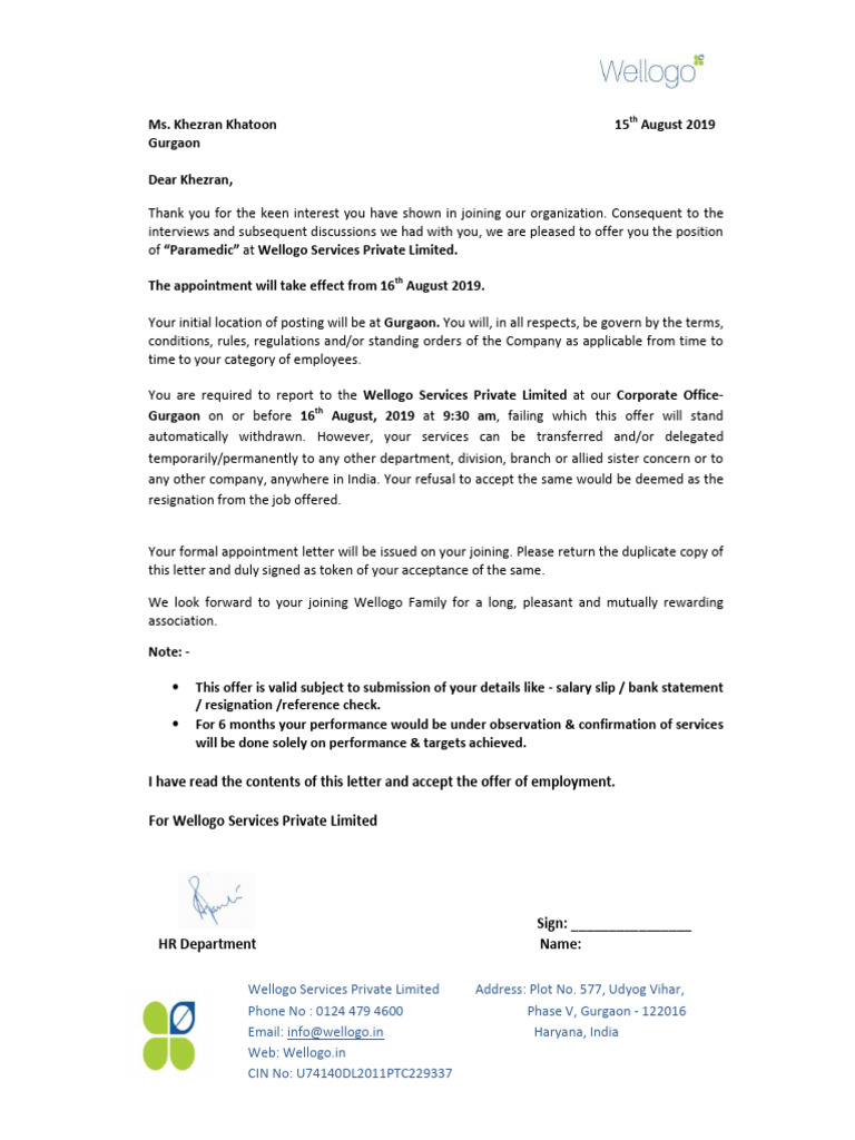 Wellogo Paramedic Offer Letter | PDF | Salary | Government
