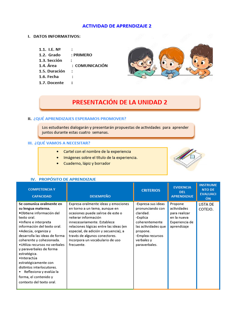 D1 A1 Sesion Com. Presentación de La Unidad 2 | PDF | Aprendizaje | Evaluación