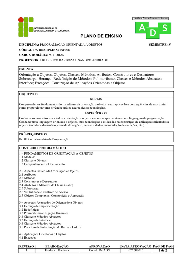 Inf008 Ementa Ifba Programação Orientada Objetos Pdf Classe Programação De Computadores