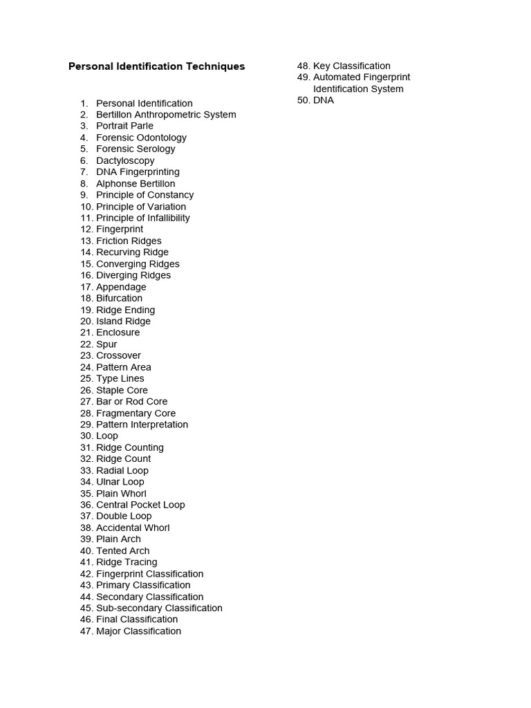 Personal-Identification-Techniques-50-Words | PDF | Fingerprint | Techniques