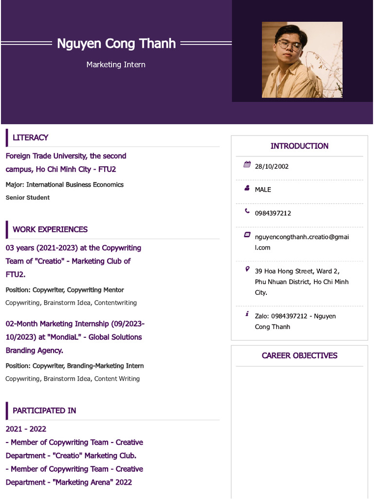 Nguyen Cong Thanh: Marketing Intern | PDF | Copywriting | Brainstorming