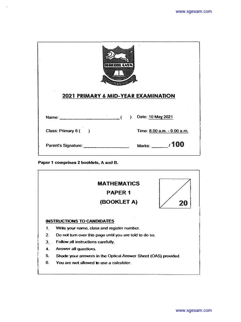 2021-P6-Maths-Semestral Assessment 1-Tao Nan | PDF