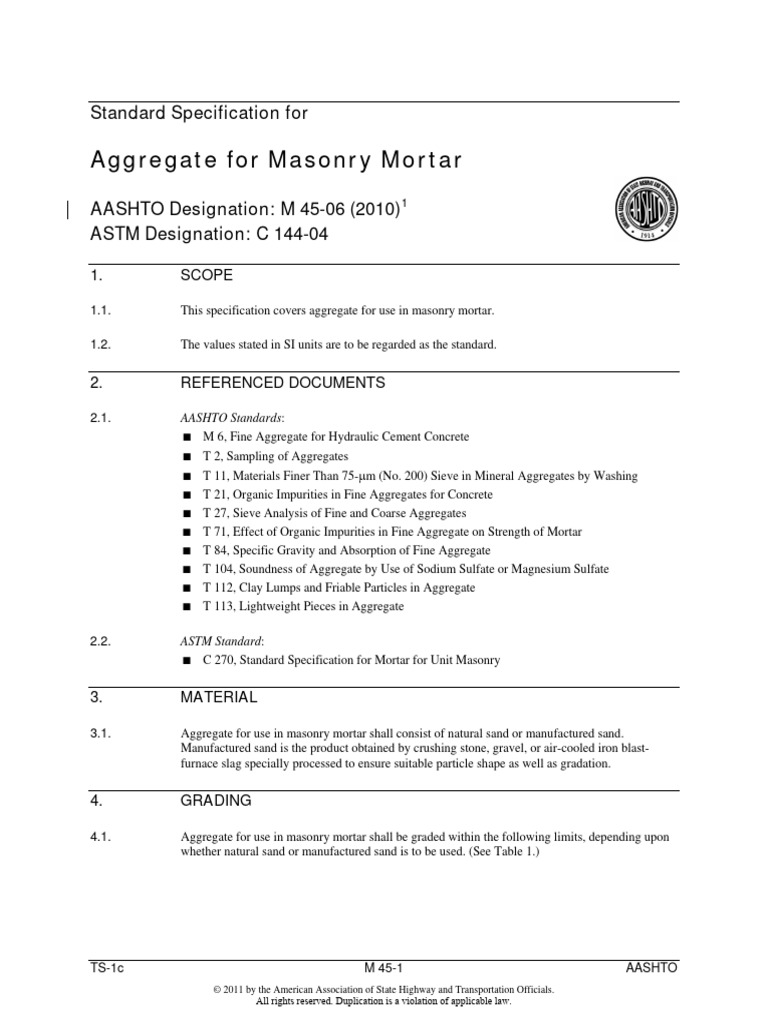 AASHTO M 45-06 Aggregate For Masonry Motar | PDF | Construction ...