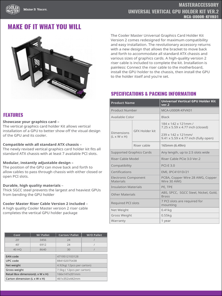 Product Sheet - MasterAccessory Universal Vertical GPU Holder Kit Ver.2 | PDF | Graphics ...