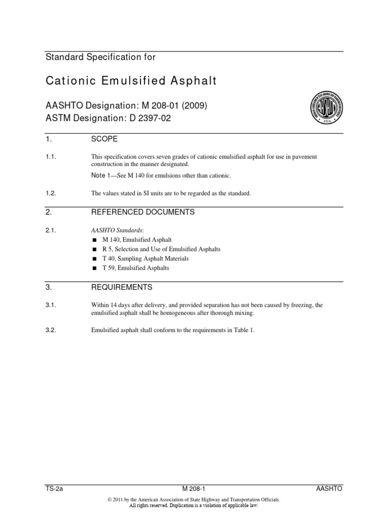 AASHTO 208-01 Cationic Emulsified Asphalt | Download Free PDF ...