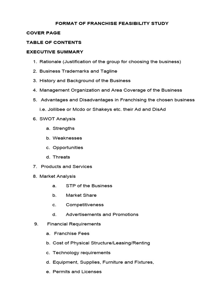 Format of Franchise Feasibility Study | PDF | Business | Finance ...