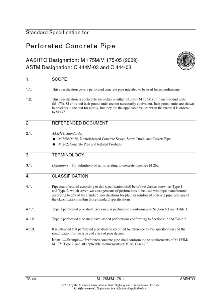 AASHTO M175M-05 Perforated Concrete Pipe | PDF | Pipe (Fluid Conveyance) | Engineering Tolerance