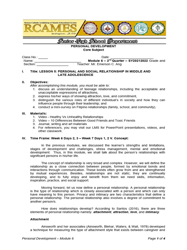 q2 Perdev Module # 6 PDF | PDF | Attachment Theory | Psychological Concepts