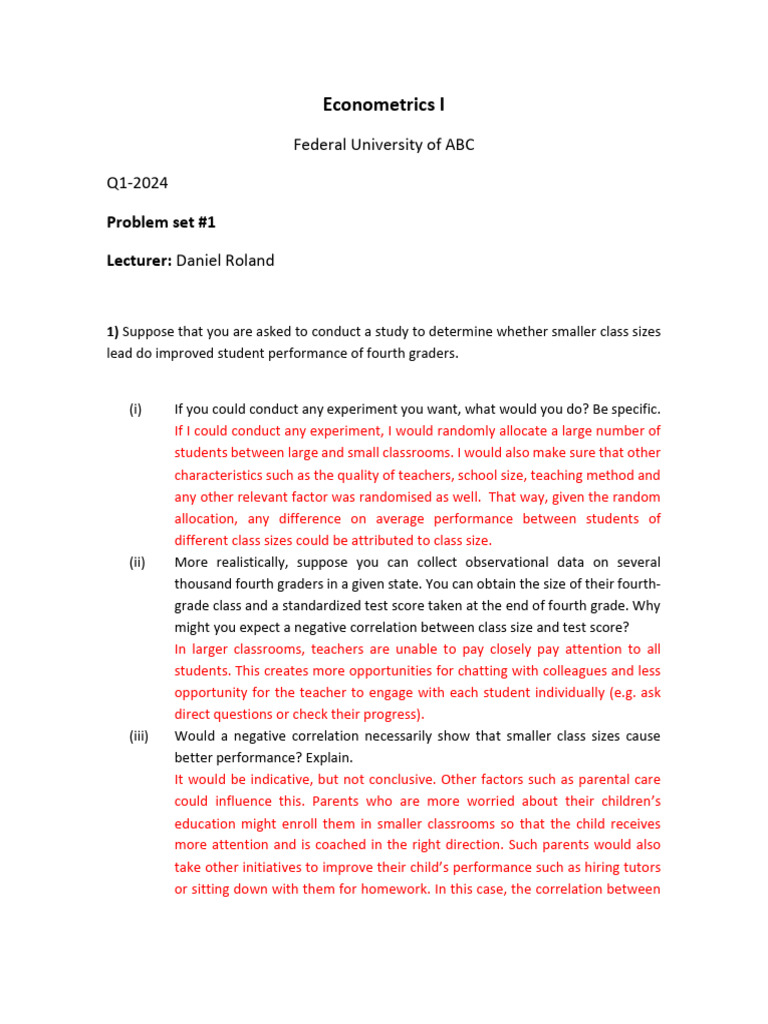 Problem Set 1 - Answer Key | PDF | Ordinary Least Squares | Statistical Theory
