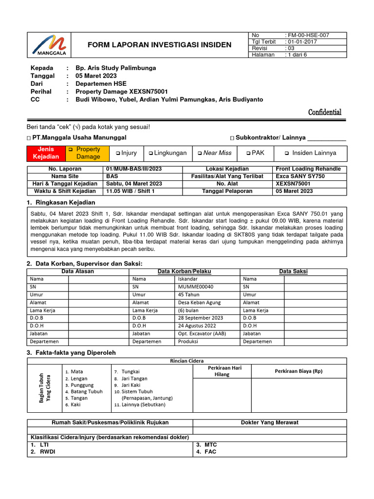 Laporan Investigasi Exca SANY 7501 | PDF
