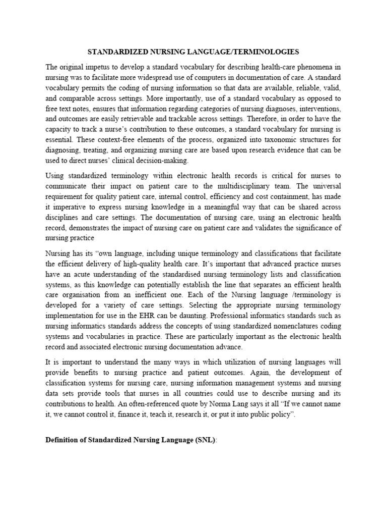 4. Standardized Nursing Languages | PDF | Nursing | Health Care