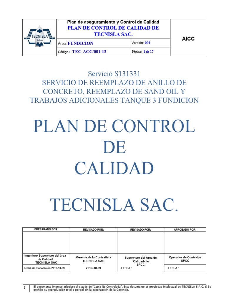 Plan de Control de Calidad TECNISLA SAC | PDF | Calidad (comercial ...