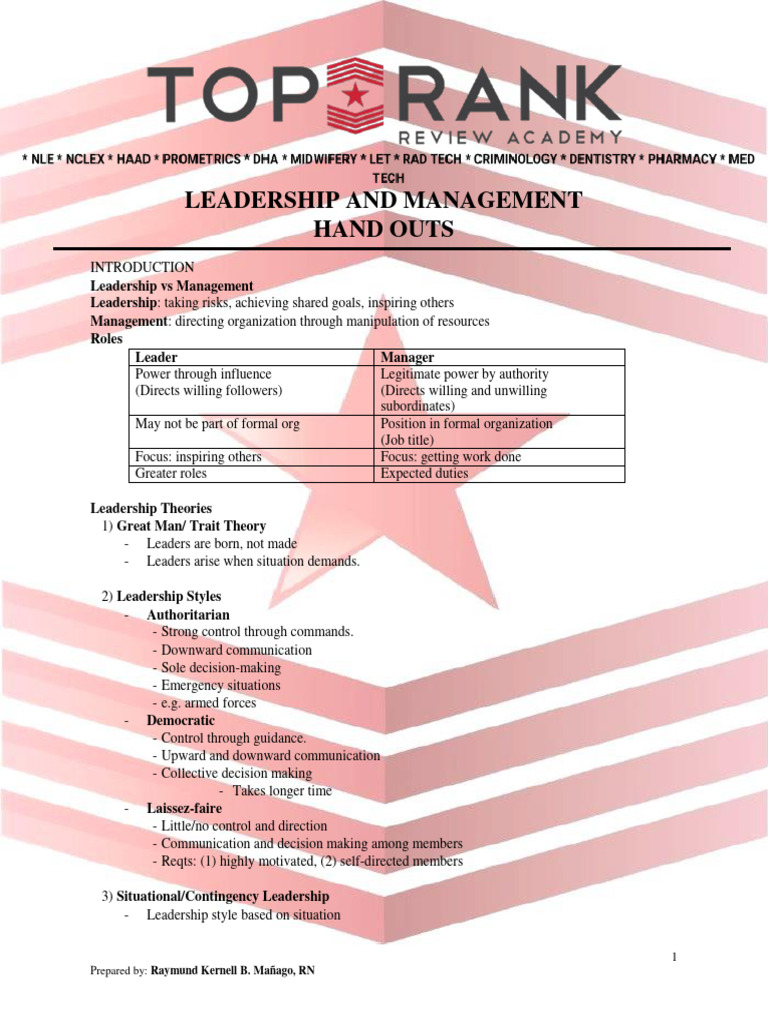 Leadership-And-Management Handout by Prof. Manago | PDF | Leadership | Psychology
