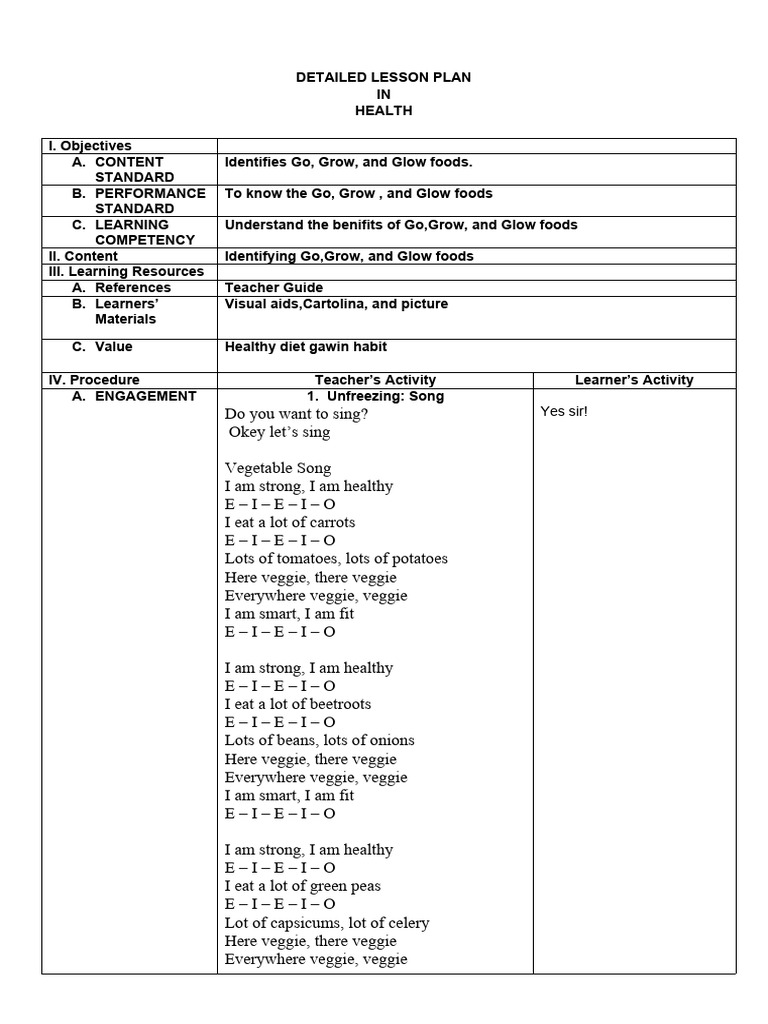 Final Lesson Plan On Health | PDF | Foods | Vegetables