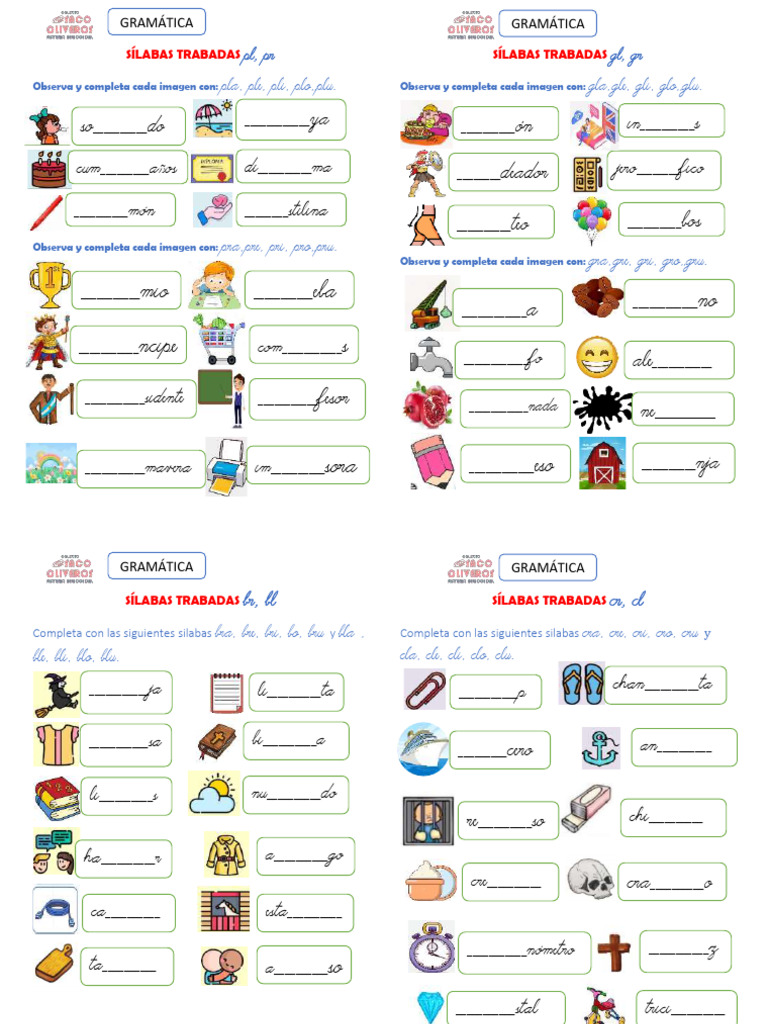 SÍLABAS TRABADAS PL PR FL FR, TR, DR, CL, CR, BL, BR, GL, GR | PDF