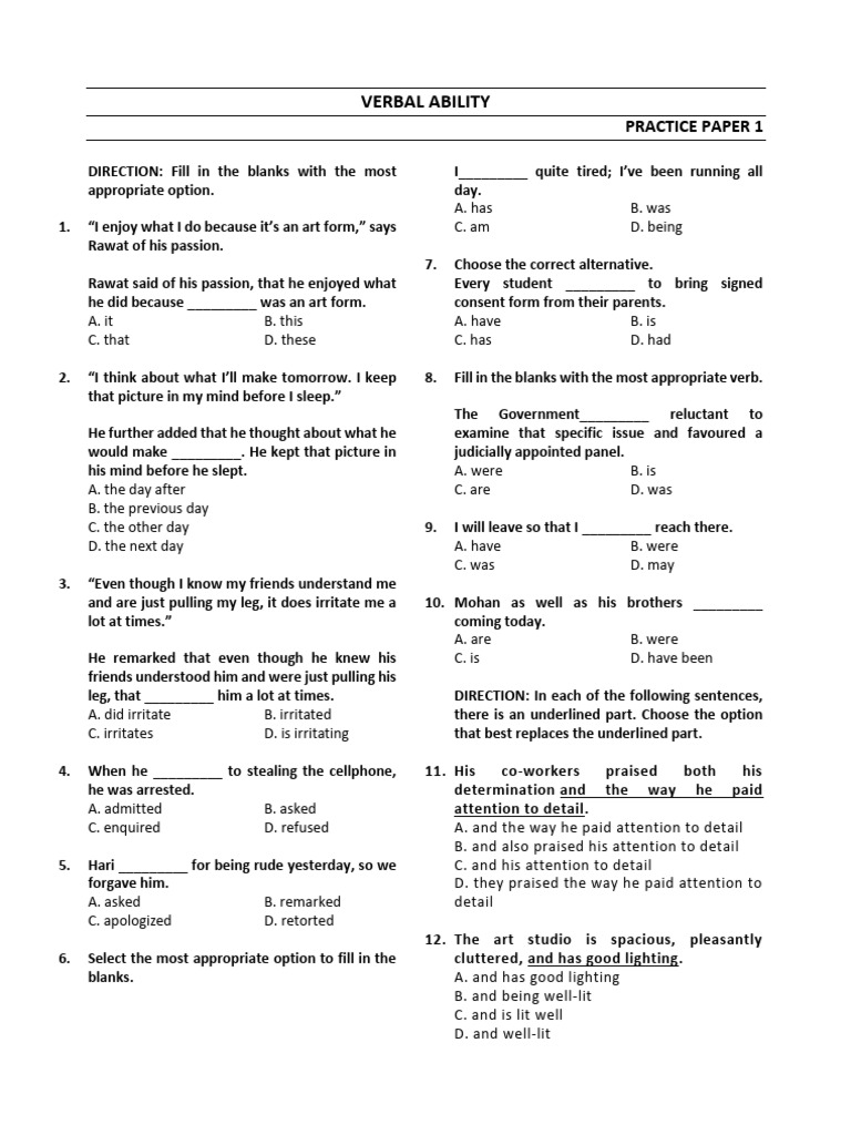 Verbal Ability Practice Paper 1 | PDF | Linguistics | Human Communication