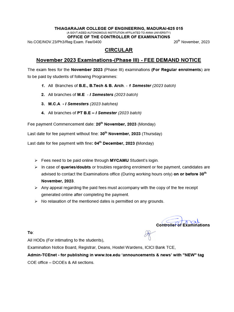 0400 - NOV 2023 - EXAM FEE DEMAND NOTICE FOR 2023 Joined UG PG PTBE ...