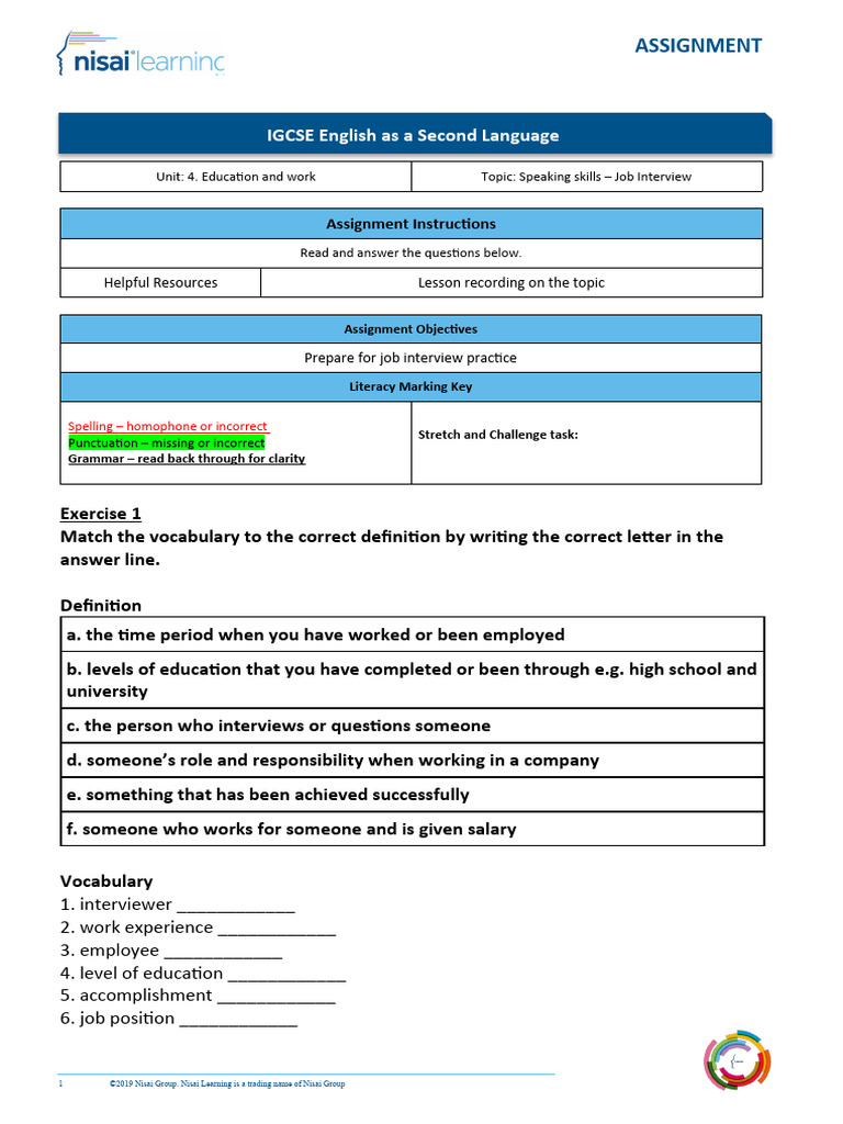 Igcse Esl Y1 Week 25 Education And Work Speaking Skills Pdf