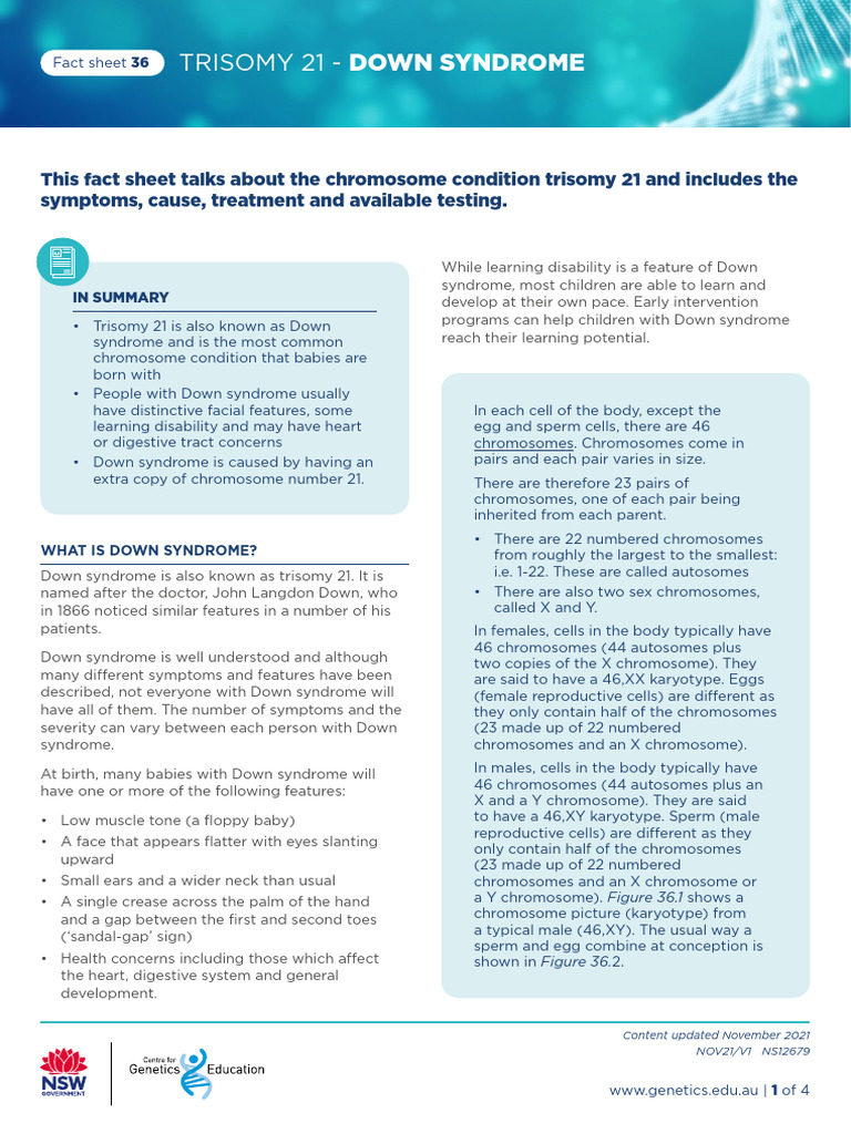 Trisomy 21 Down Syndrome Fact sheet-CGE | Download Free PDF | Down ...