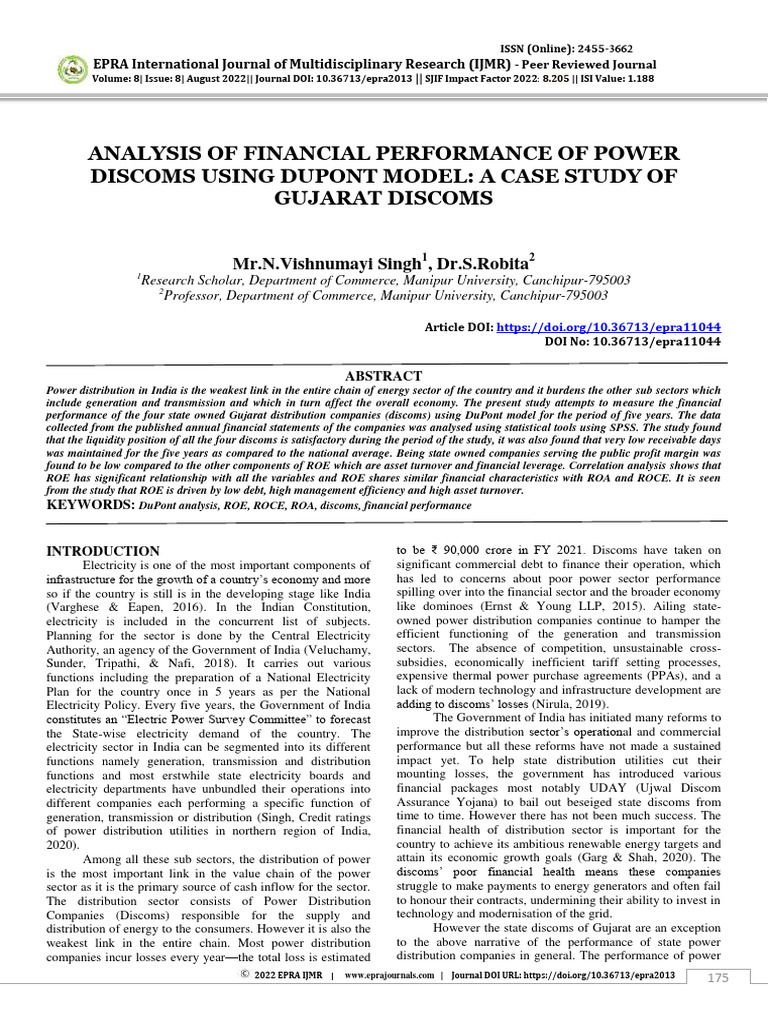 ANALYSIS OF FINANCIAL PERFORMANCE OF POWER DISCOMS USING DUPONT MODEL A ...