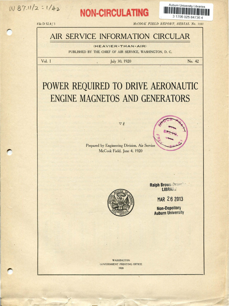 Power Required To Drive Aeronautic Engine Magnetos and Generators (30 ...
