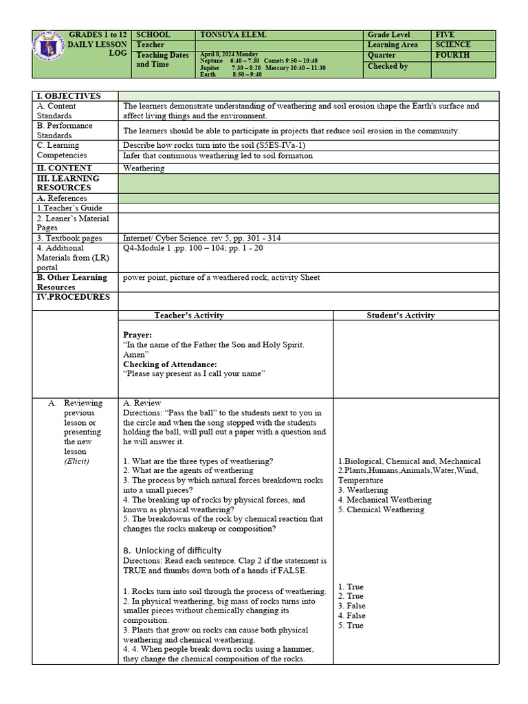 Lesson Plannn | PDF | Weathering | Rock (Geology)