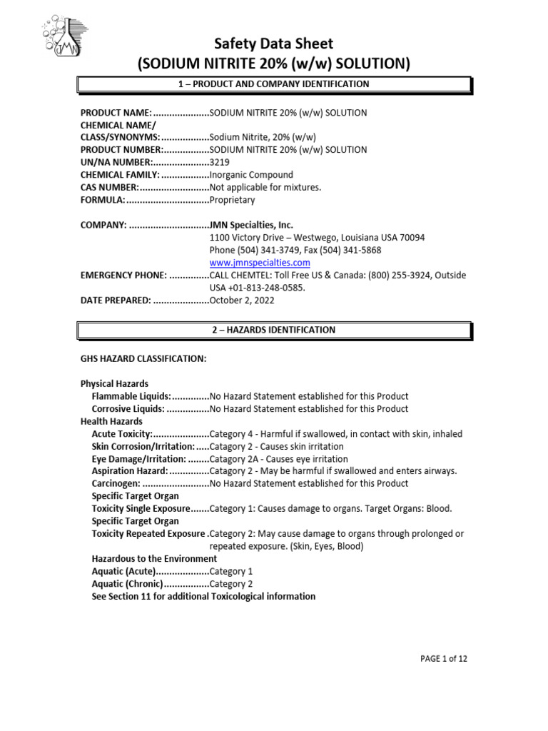Sodium Nitrite 20% Solution SDS | PDF | Toxicity | Waste