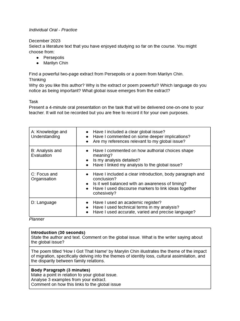 Angi's Mini Individual Oral - Practice - Google Docs | PDF