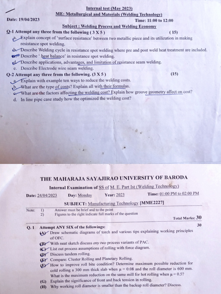 2nd Sem Internal Papers 2023 | PDF | Fracture | Welding