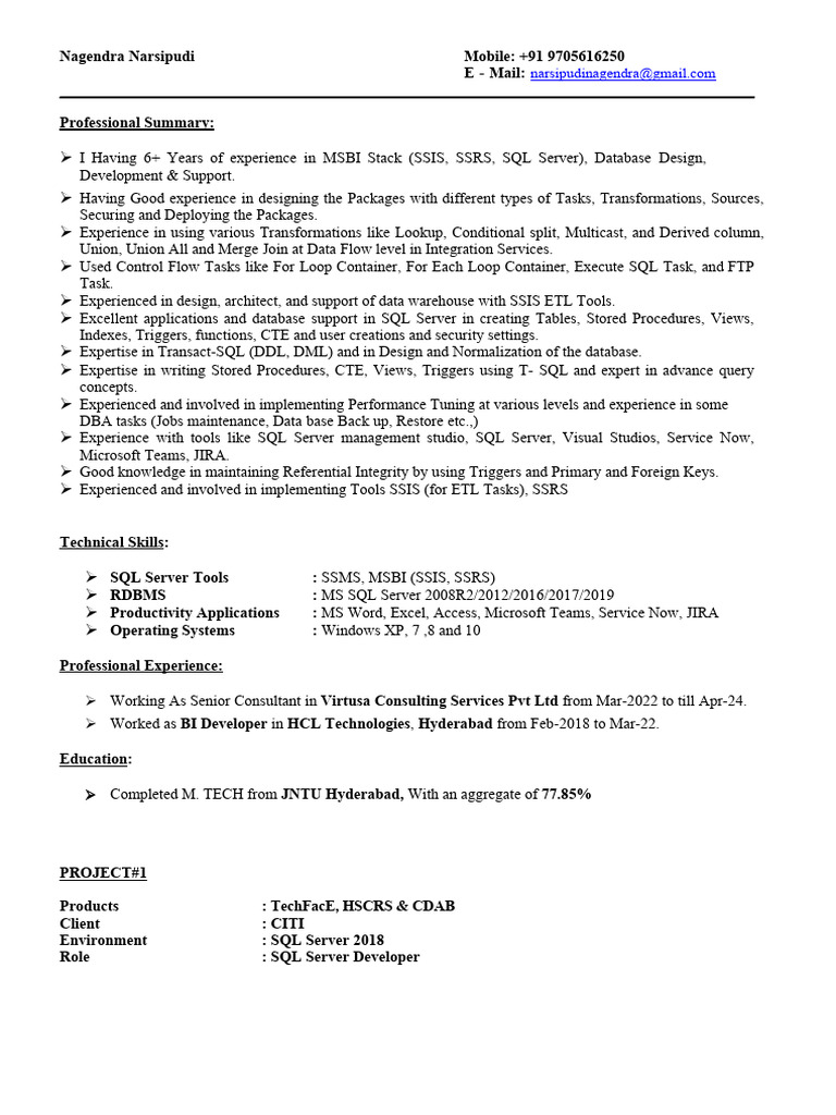 NARSIPUDINAGENDRA - MSBI - 6 Years - Innova | PDF | Microsoft Sql Server | Databases