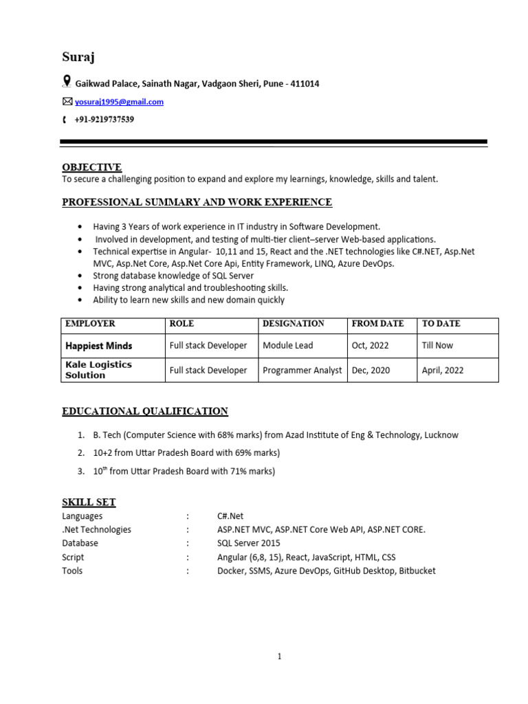 SurajPrajapati - .Net Core & Angular Developer - (3y - 0m) - Innova | PDF | Microsoft Sql Server ...