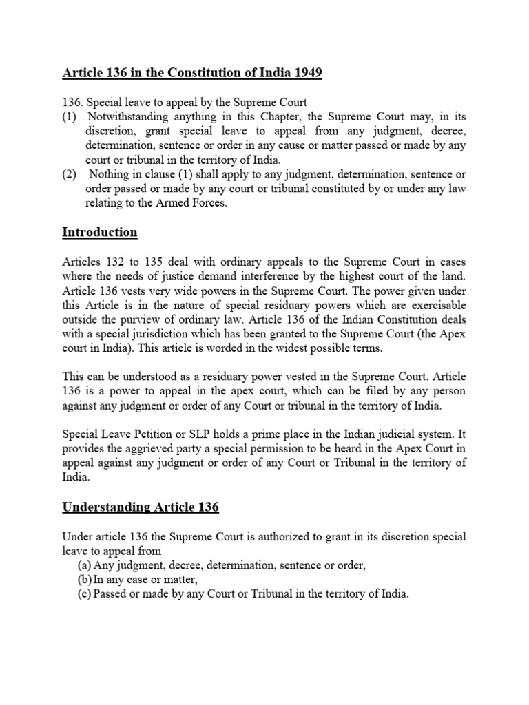 Article 136 - SLP | PDF | Supreme Courts | Tribunal